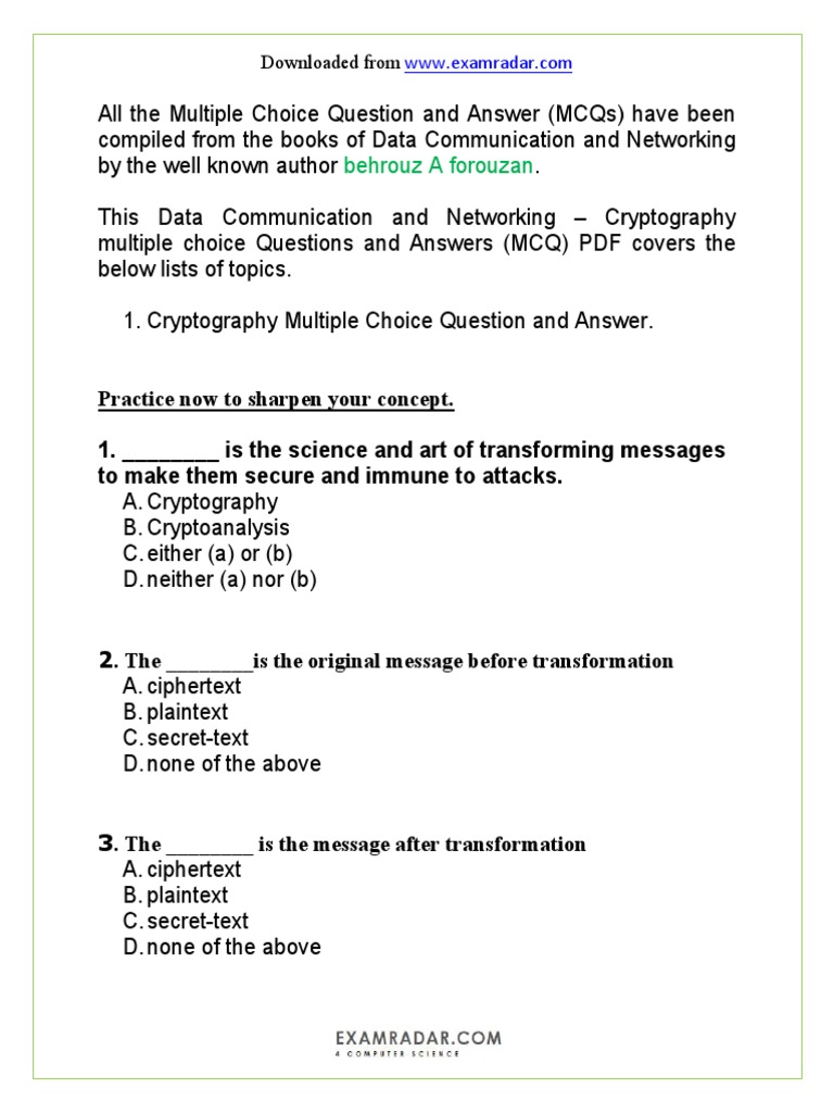 CH 30 Cryptography Multiple Choice Questions and Answers PDF | PDF ...
