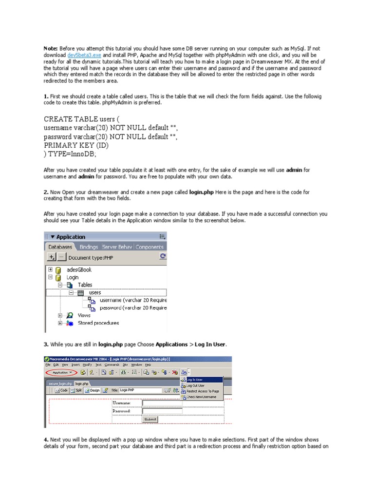 Create Table Users (Username Varchar (20) Not Null Default "", Password Varchar (20) Not Null ...