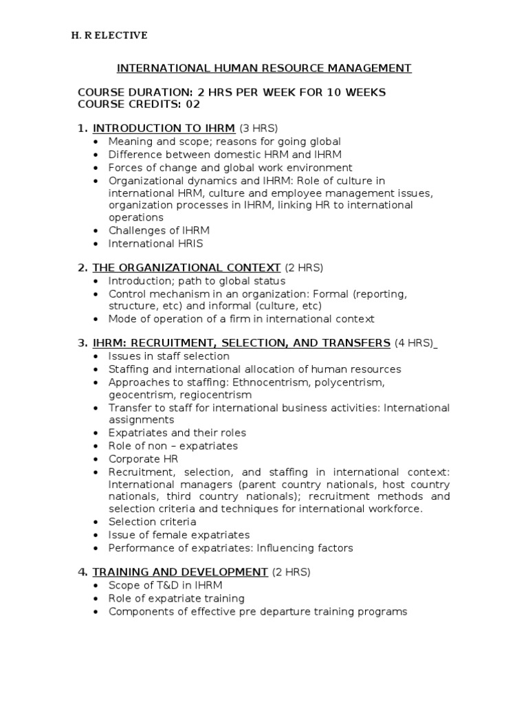 Course Outline International Human Resource Management, IHRM | PDF ...