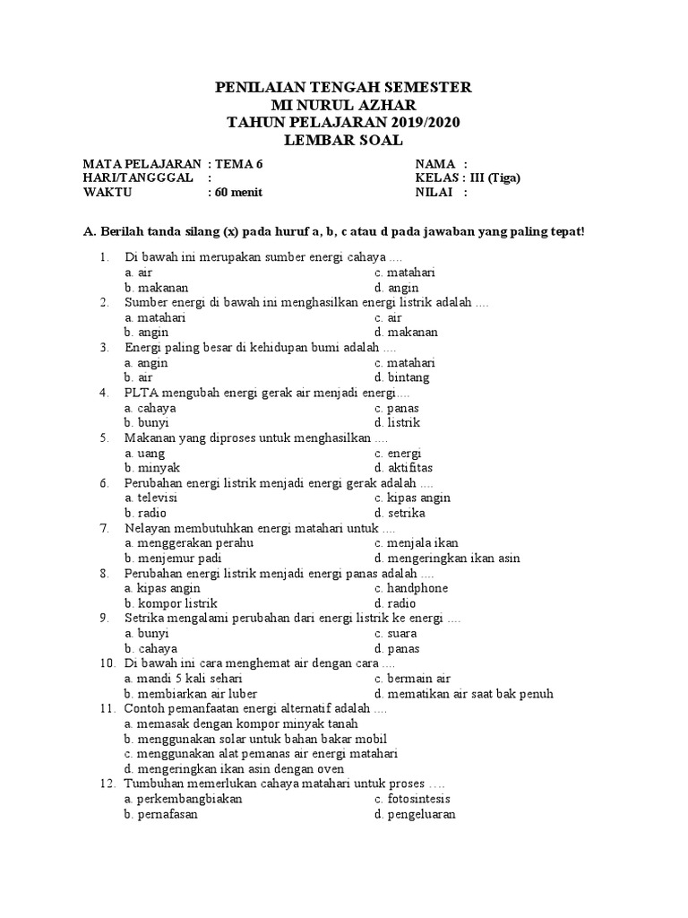 Soal PTS Tema 6 KLS 3 | PDF