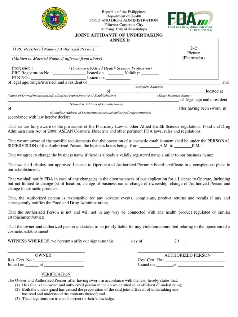 FDA Philippines Letter of Undertaking | PDF | Pharmacy | Food And Drug Administration