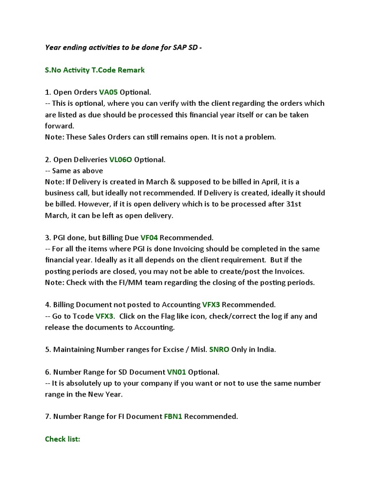 S.No Activity T.Code Remark VA05: Year Ending Activities To Be Done For ...