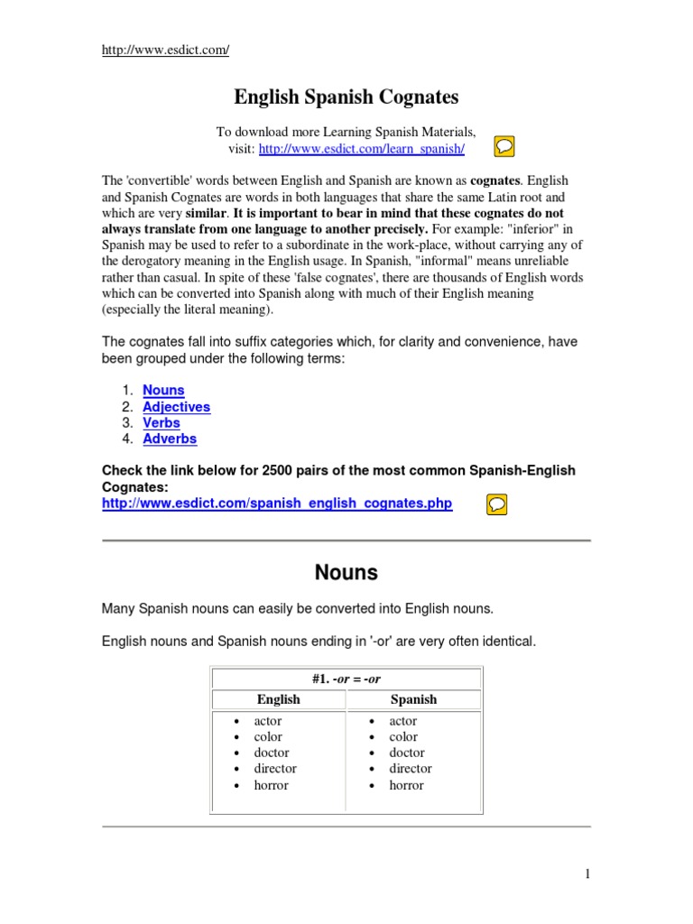 English-Spanish Cognate Guide | PDF | English Grammar | Noun