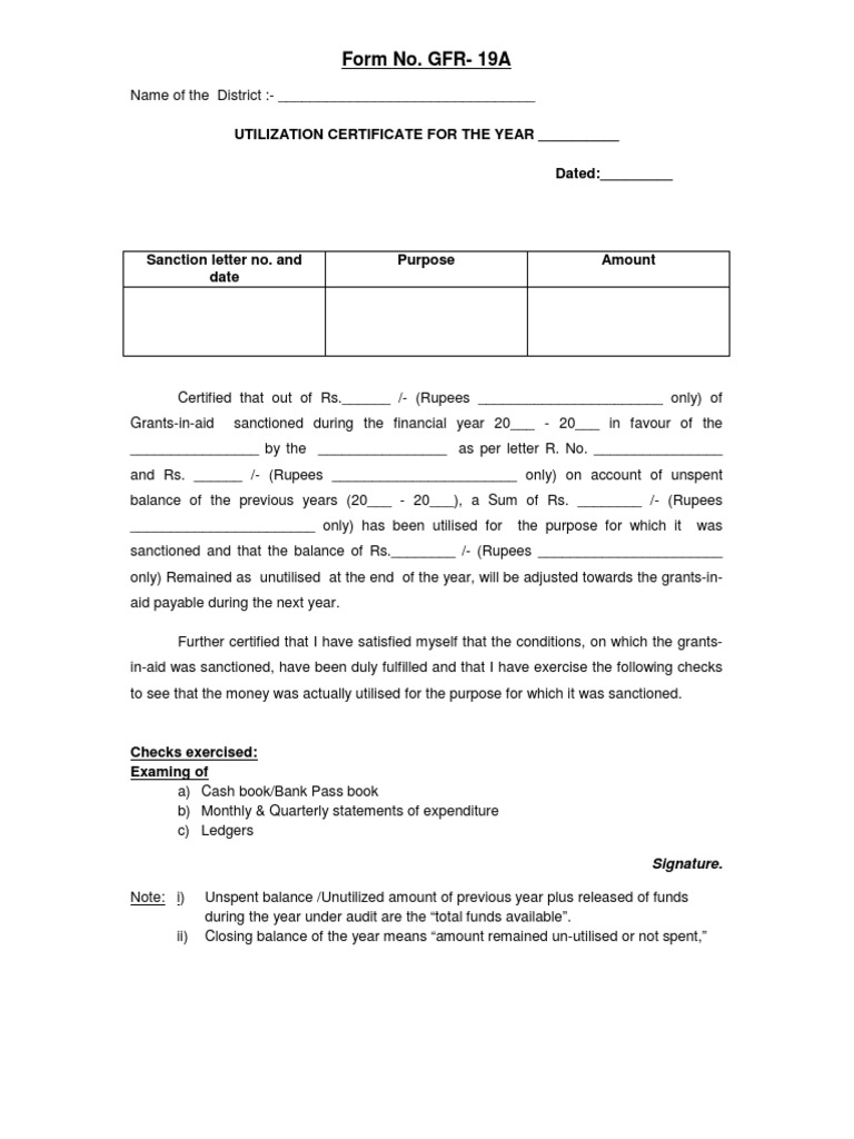 Form No. GFR-19A: Utilization Certificate For The Year - Dated | PDF ...