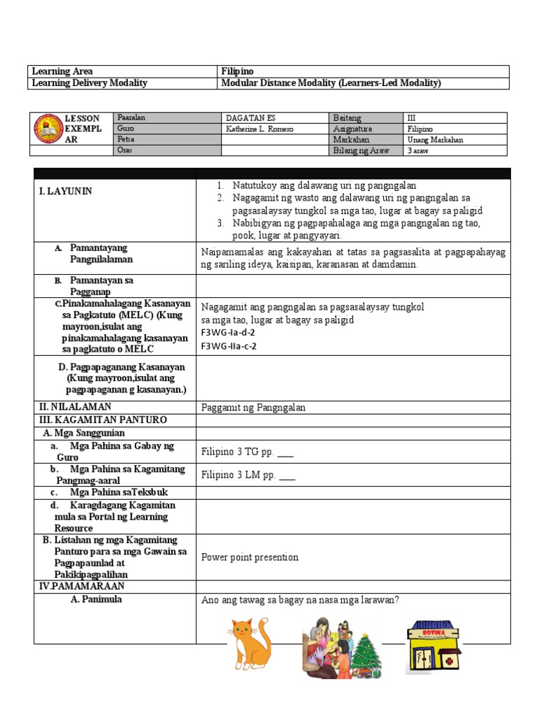 Lesson Exemplar in Filipino 3 - Week 1 Quarter 1 Day 1-3 | PDF