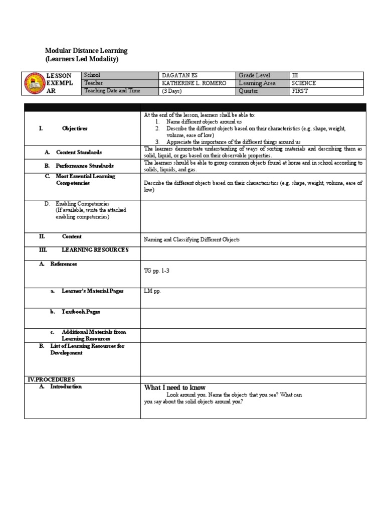 kat-Lesson-Exemplar Science 3 Quarter 1 Week 1 | PDF | Shape | Applied ...