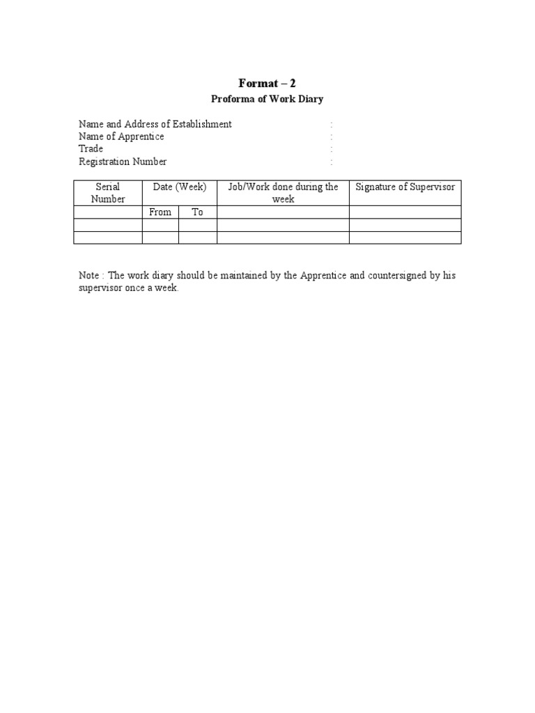 Format - 2: Proforma of Work Diary | PDF | Business | Finance & Money ...