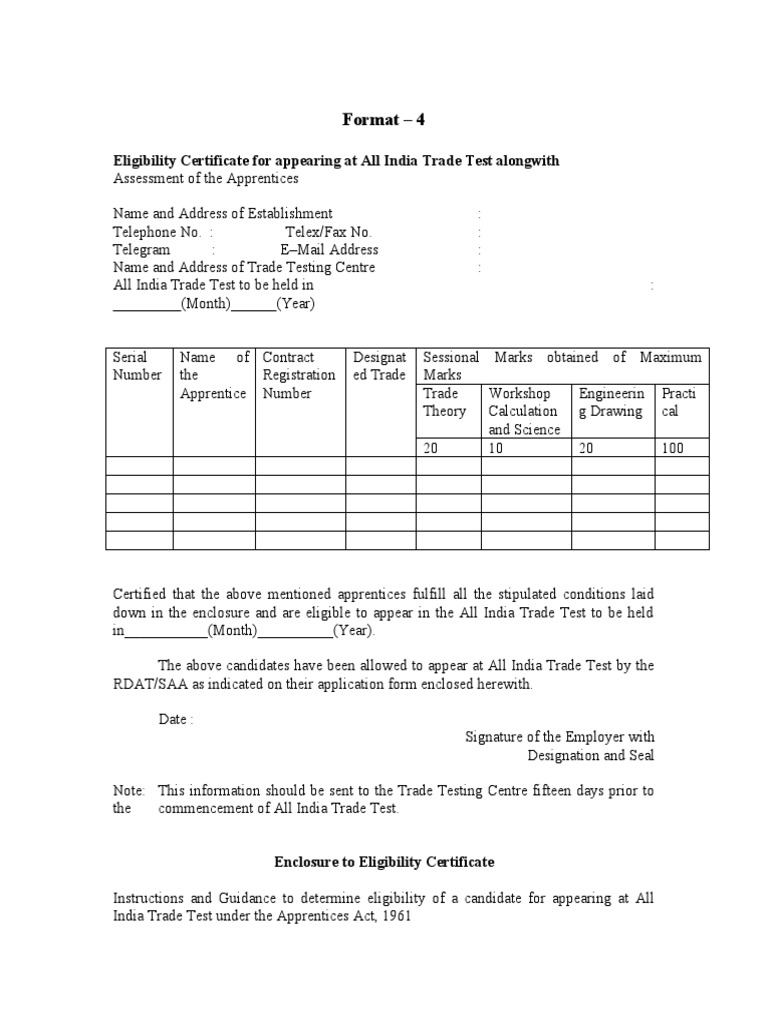 Format - 4: Eligibility Certificate For Appearing at All India Trade ...