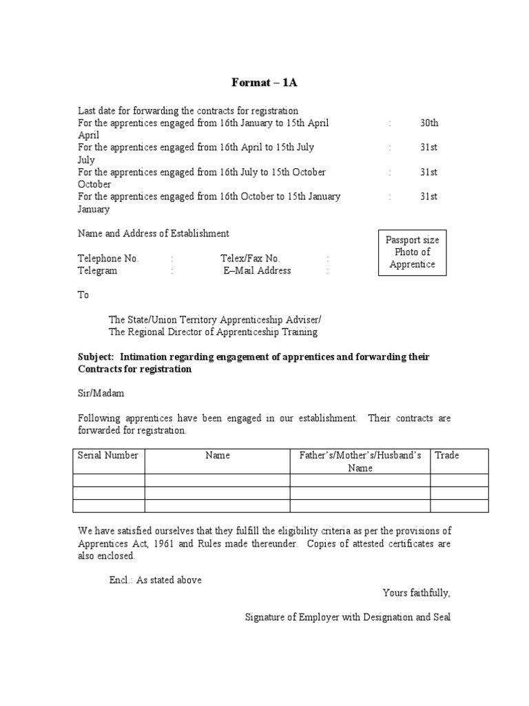Format - 1A: Subject: Intimation Regarding Engagement of Apprentices ...