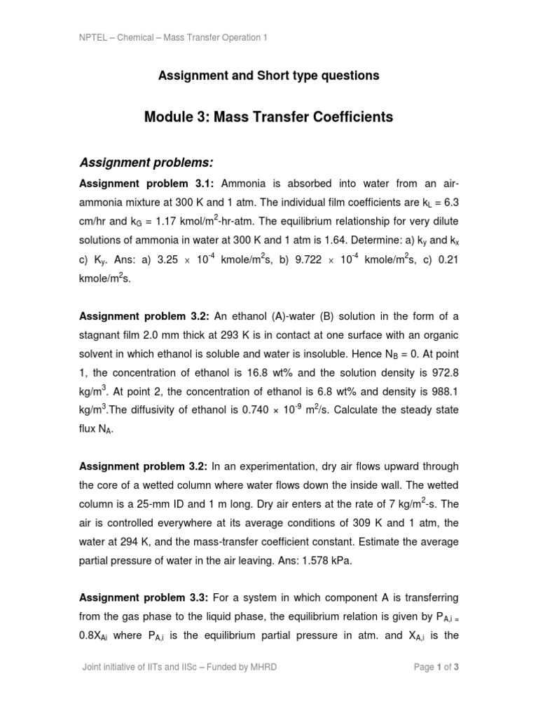Module 3: Mass Transfer Coefficients: Assignment Problems | PDF | Mass Transfer | Solubility