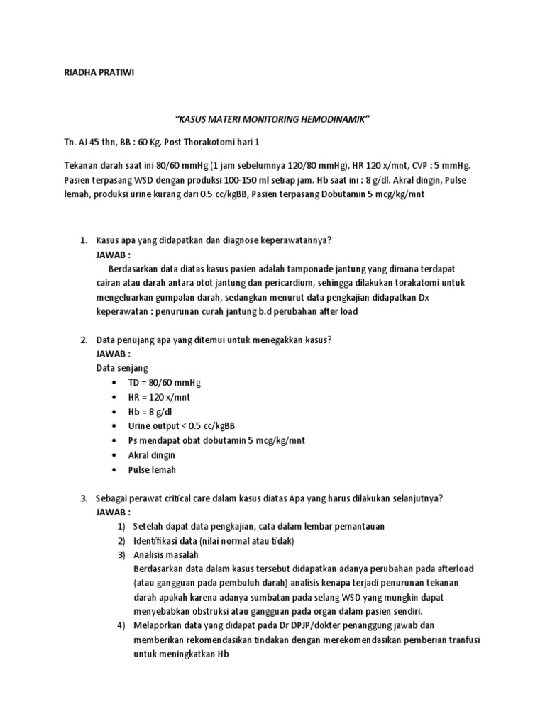Kasus Monitoring Hemodinamik RIADHA | PDF