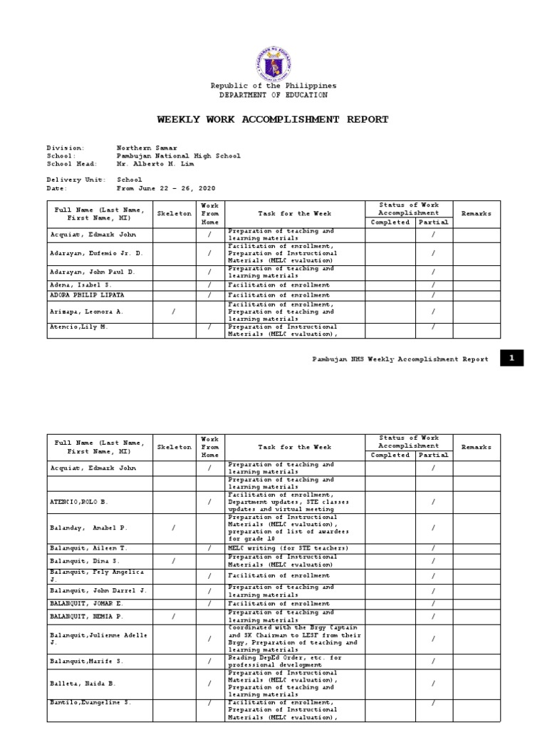 Weekly Work Accomplishment Report: Republic of The Philippines ...