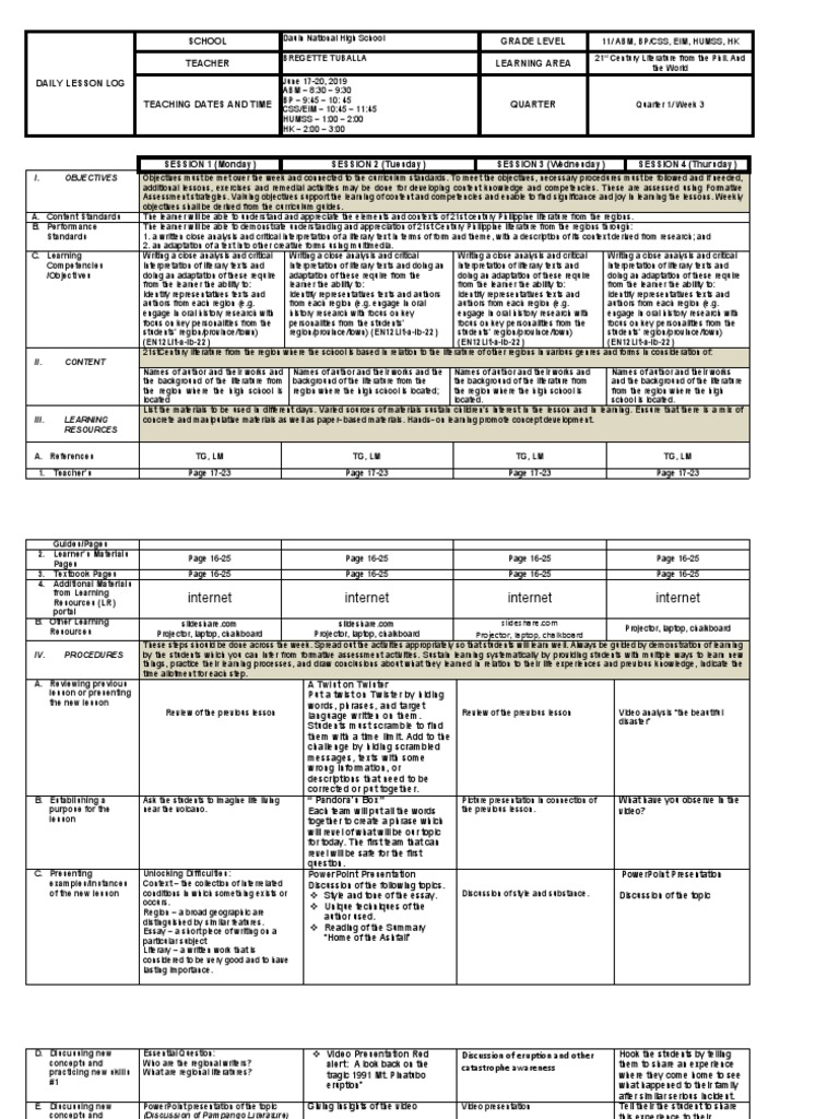 Daily Lesson Log: 21st Century Literature | PDF | Learning | Cognitive ...