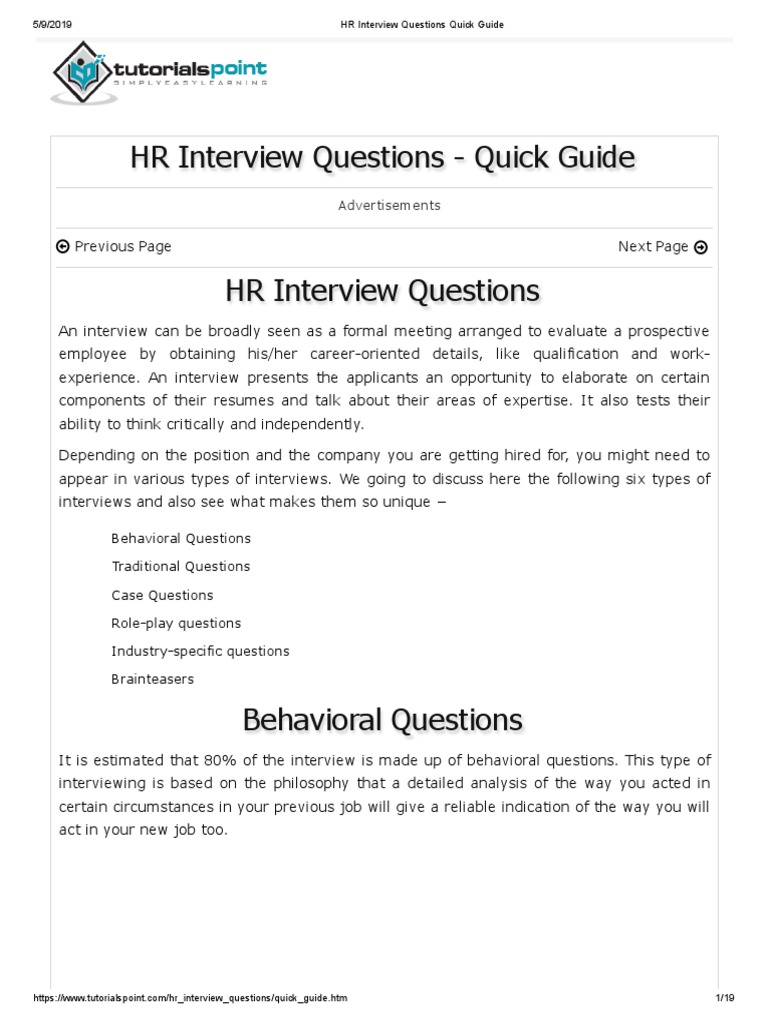 HR Interview Questions Quick Guide | PDF | Interview | Question