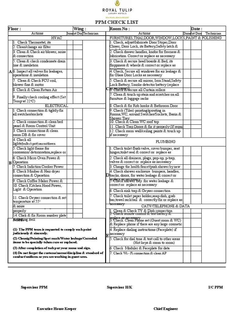 Hotel PPM Maintenance Checklist | PDF | Door | Toilet