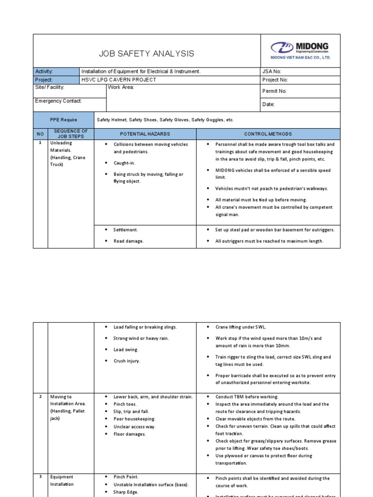 JSA Installation of Equipment For Electrical and Instrument | PDF ...
