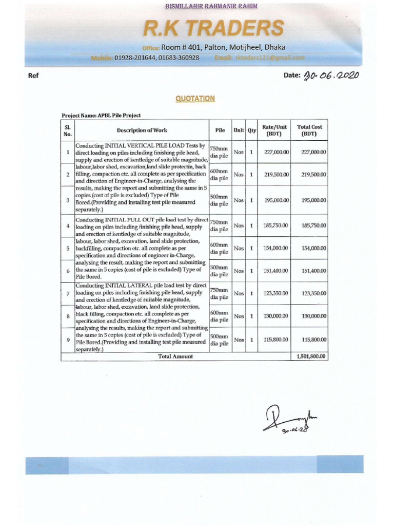 Pile Test Quotation - R.K - Traders | PDF