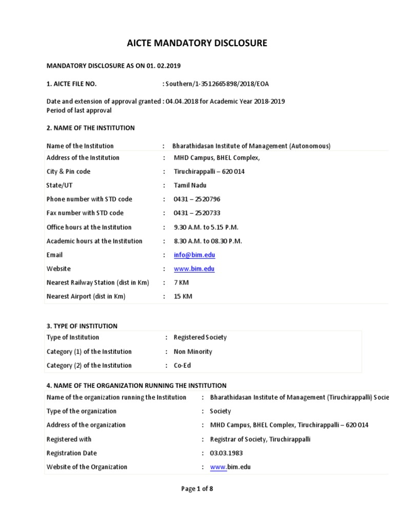 AICTE MANDATORY DISCLOSURE Feb 2019 | PDF | Academic Degree | Bachelor ...