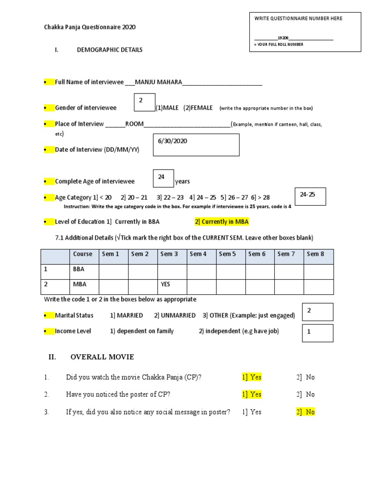 Write Questionnaire Number Here: II. Overall Movie | PDF
