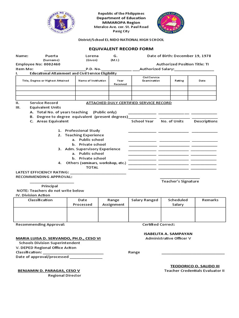 Equivalent Record Form: Department of Education MIMAROPA Region | PDF | Government | Learning