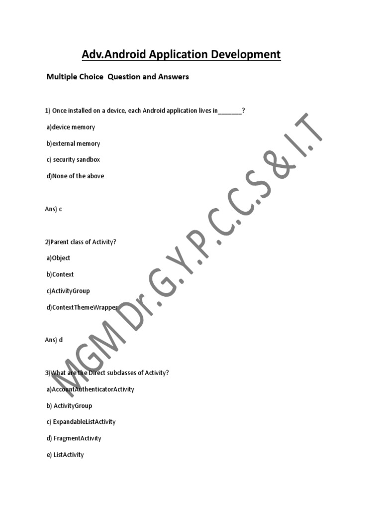 Adv - Android Application Development: Multiple Choice Question and Answers | PDF | Android ...