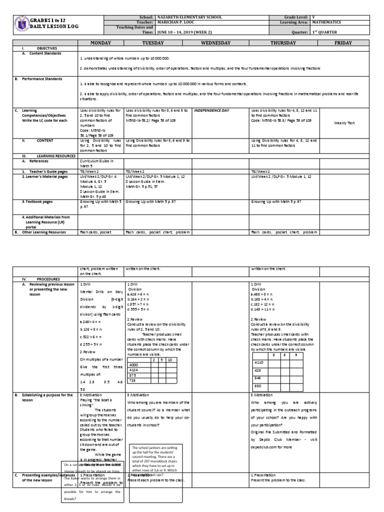 DLL - Mathematics 5 - Q1 - W2 | PDF | Teachers | Communication