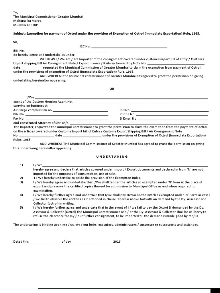 Subject: Exemption For Payment of Octroi Under The Provision of ...