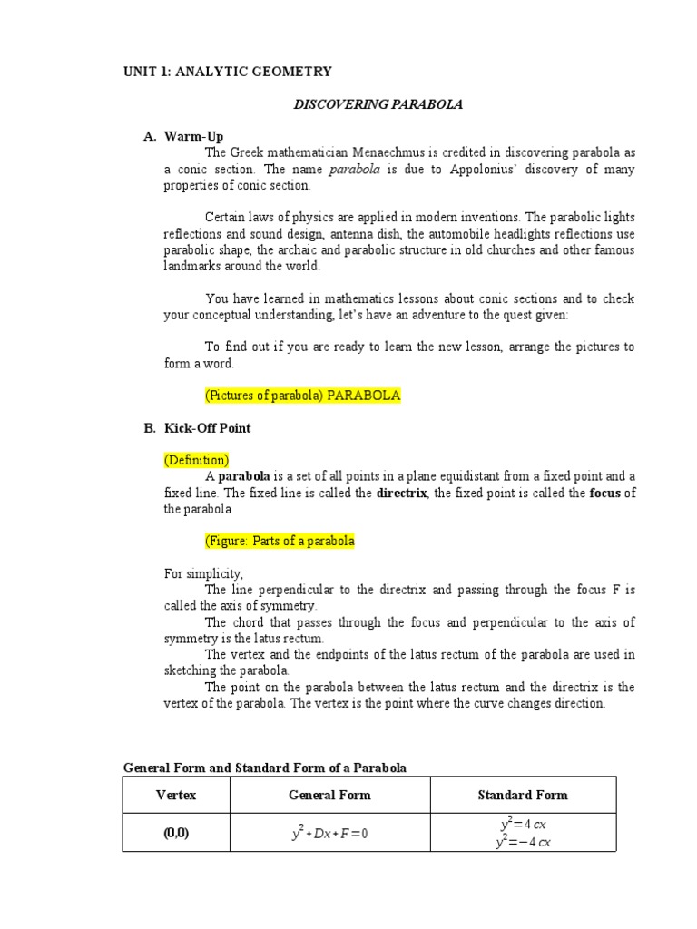 Unit 1: Analytic Geometry: Discovering Parabola | PDF | Geometric ...