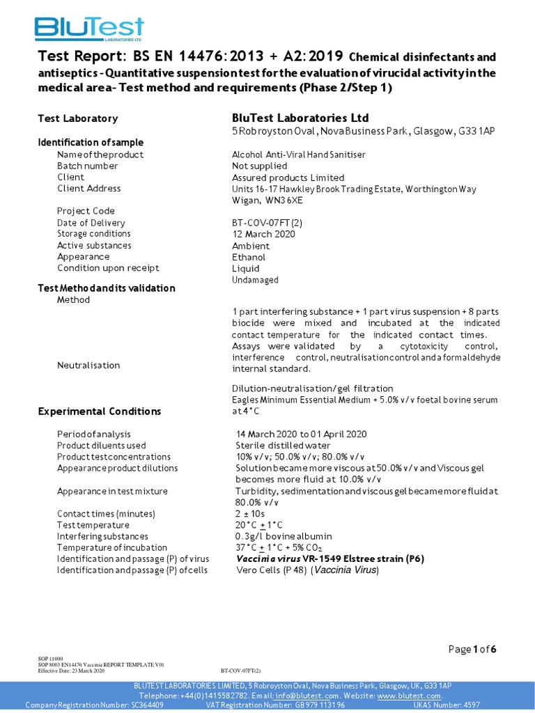 Test Report: BS EN 14476:2013 + A2:2019: Test Laboratory Identification ...