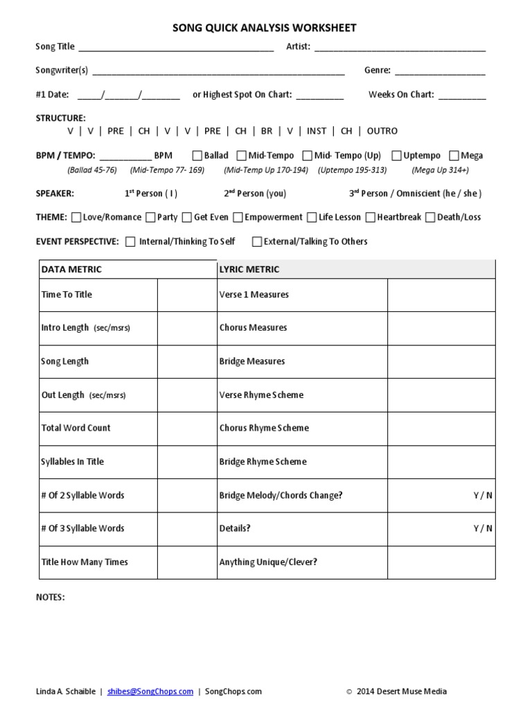 Free Songwriting Worksheet Quick Analysis | PDF
