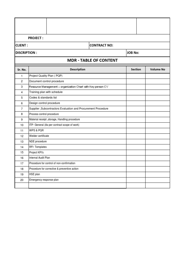 MDR - Table of Content: Project | PDF