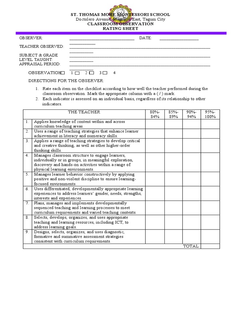 Classroom Observation Rating Sheet | PDF | Curriculum | Learning