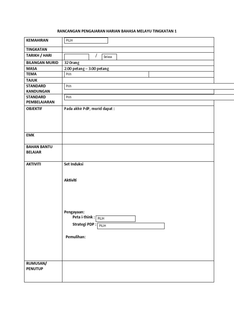 Rancangan Harian Bahasa Melayu Tingkatan 1 | PDF