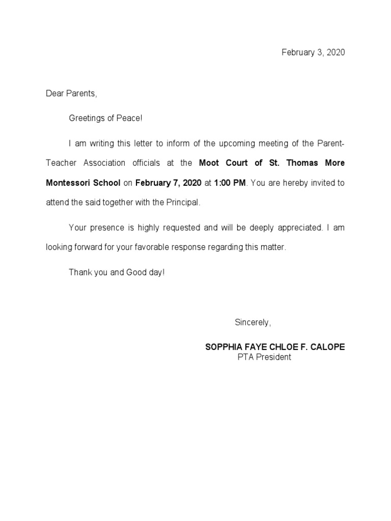 PTA Letter | PDF
