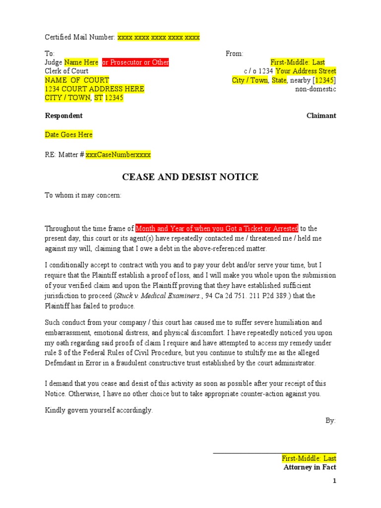 Cease and Desist Notice: or Prosecutor or Other | PDF | Plaintiff ...