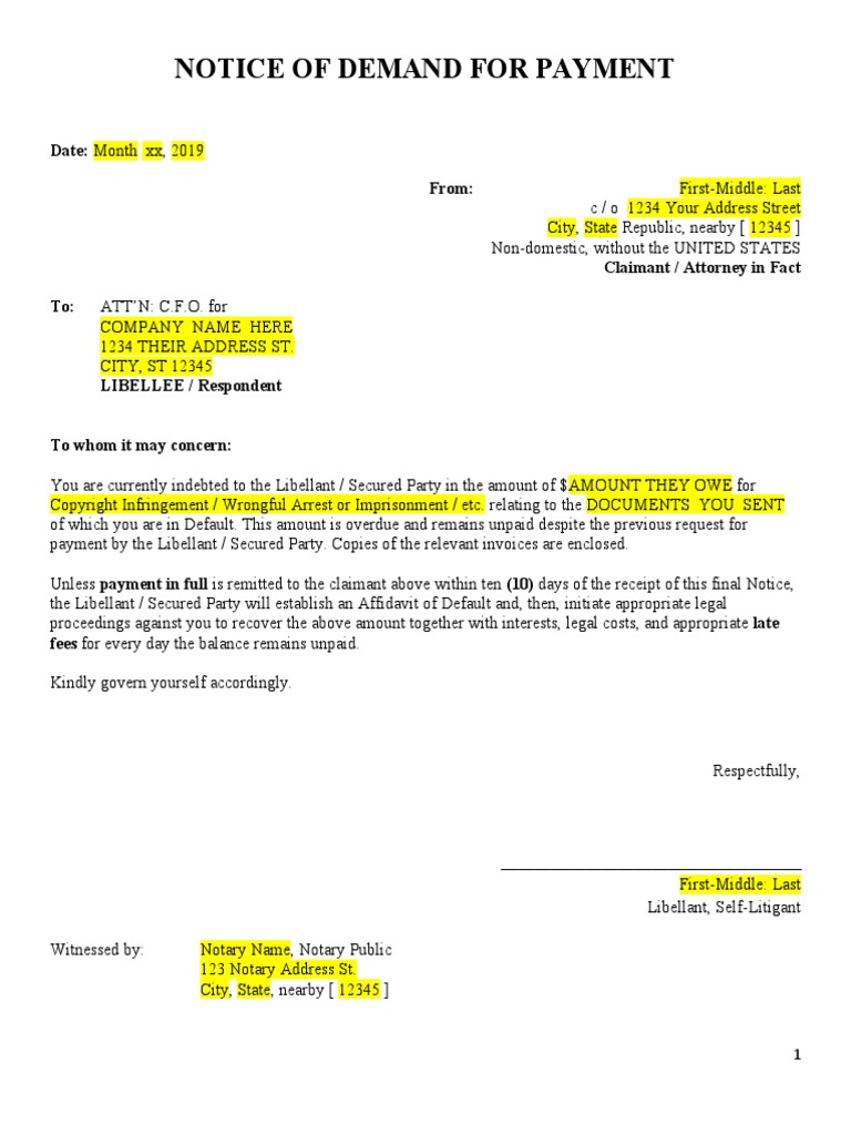 Notice of Demand For Payment: Date: Month XX, 2019 From | PDF