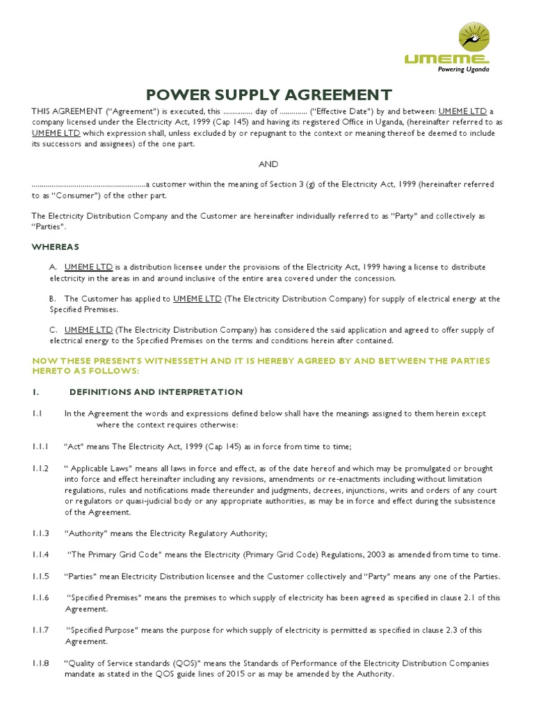 Power Supply Agreement: Whereas | PDF | Electric Power Distribution ...