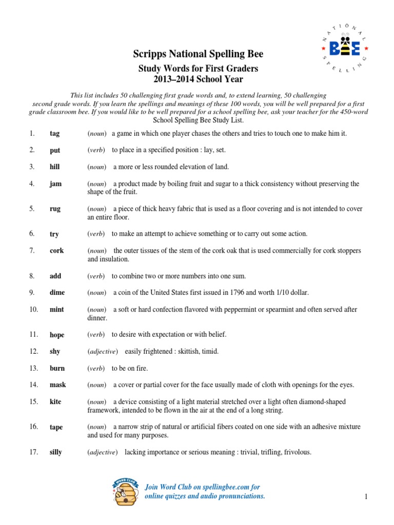 Scripps National Spelling Bee: Study Words For First Graders 2013-2014 ...