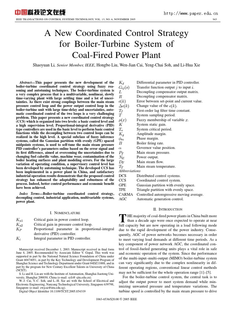 A New Coordinated Control Strategy For Boiler-Turbine System of Coal-Fired Power Plant | PDF ...
