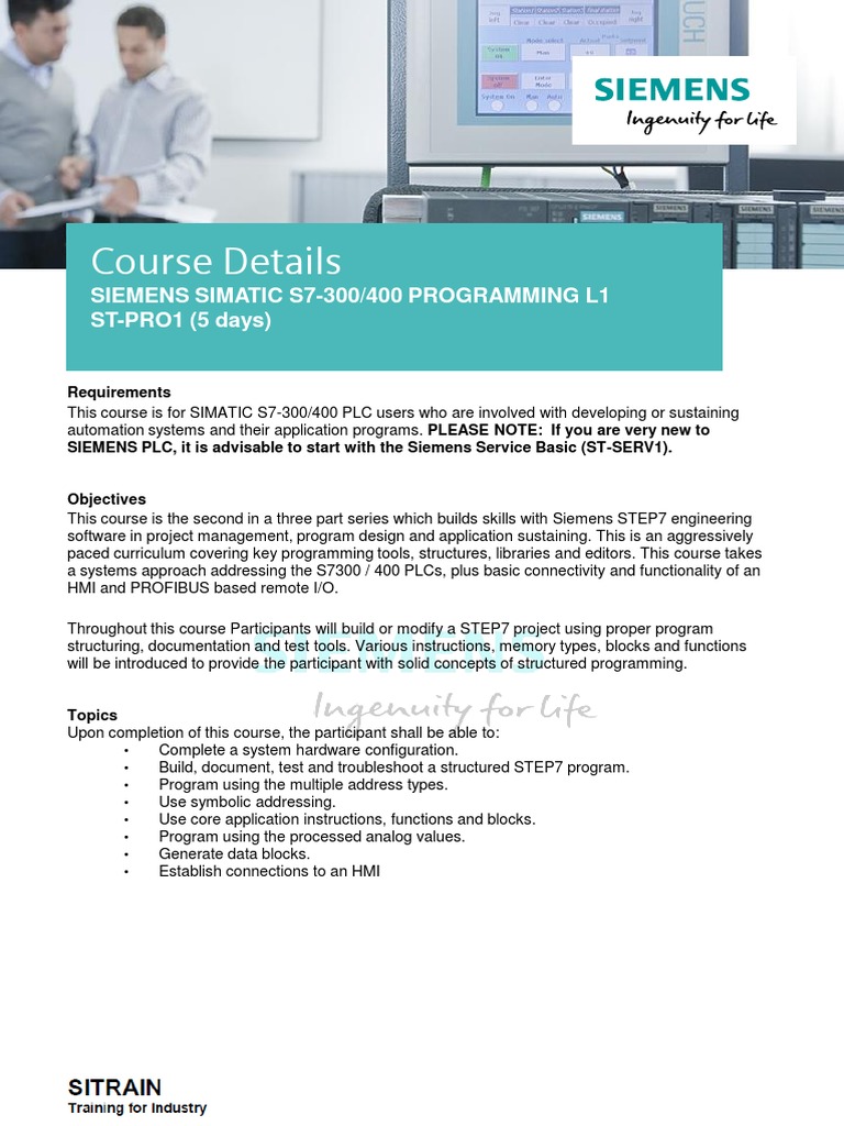 Course Details: Siemens Simatic S7-300/400 Programming L1 ST-PRO1 (5 Days) | PDF | Programmable ...
