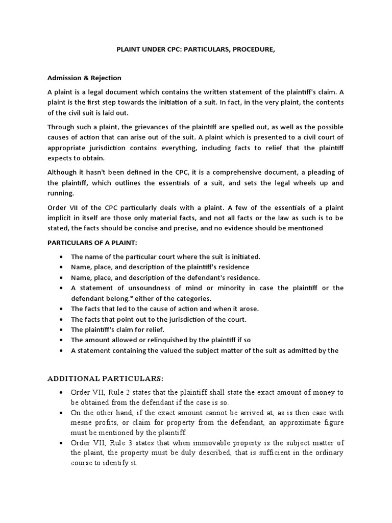Plaint Under CPC: Particulars, Procedure | PDF | Lawsuit | Pleading