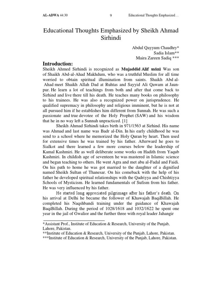 Educational Thoughts of Sheikh Ahmad Sirhindi Emphasized | PDF | Sufism ...