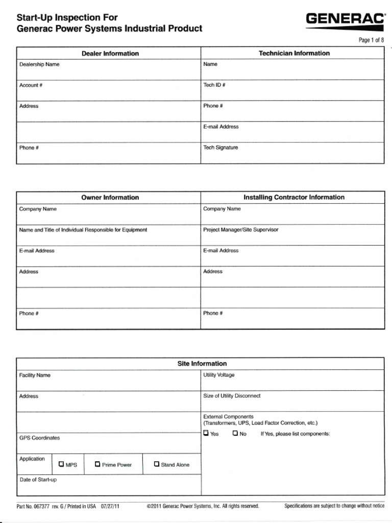 Start-Up Inspection For Generac Power Systems Industrial Product ...