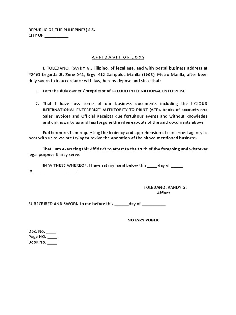 Affidavit of Loss | PDF | Affidavit | Comparative Law