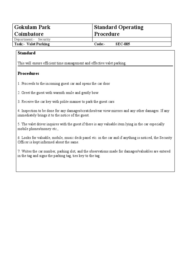 Valet Parking - SOP | PDF