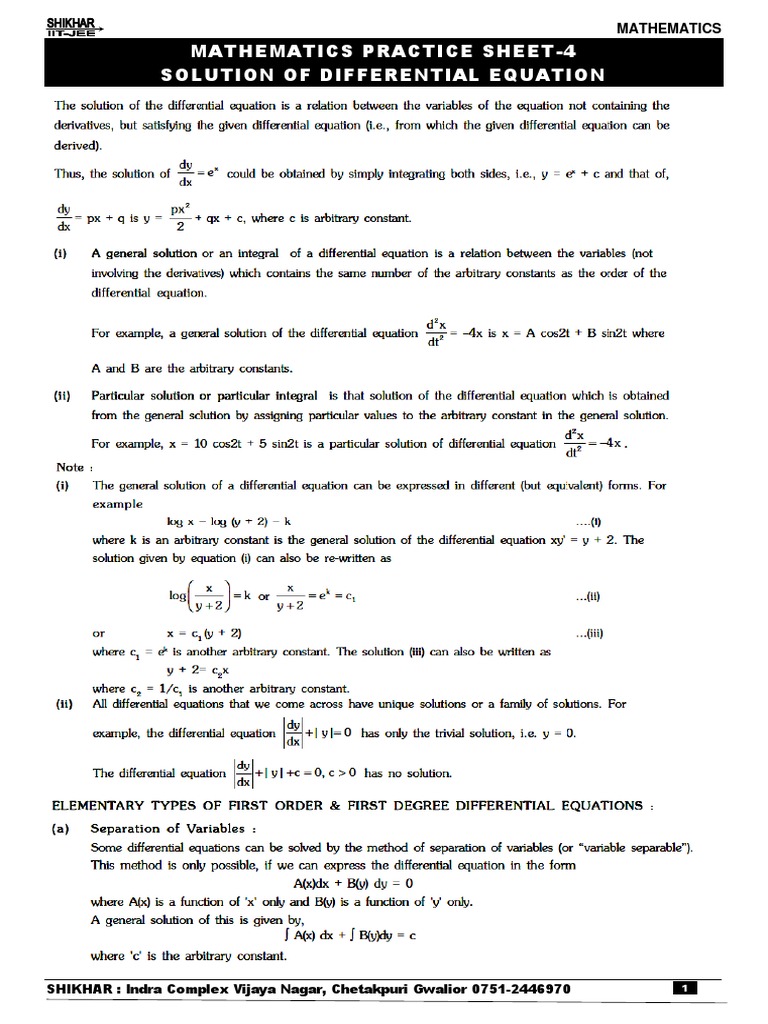 Practice Sheet-4 (Solution of Diffrential Equation) (With Ans) 20.05. ...