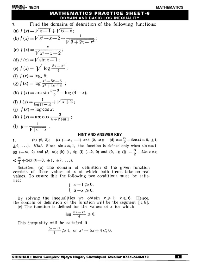 Practice Sheet-6 DOMAIN AND BASIC LOG INEQUALITY (With Ans.) Jindal Sir ...