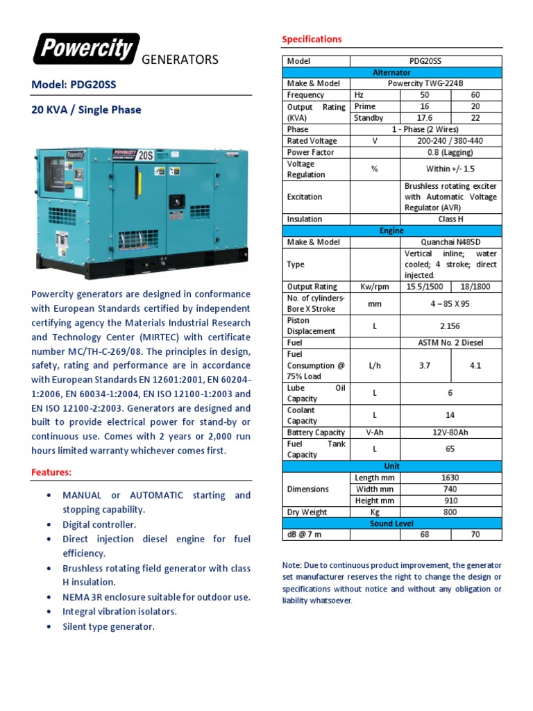 Generators: Model: PDG20SS 20 KVA / Single Phase | PDF | Diesel Engine ...