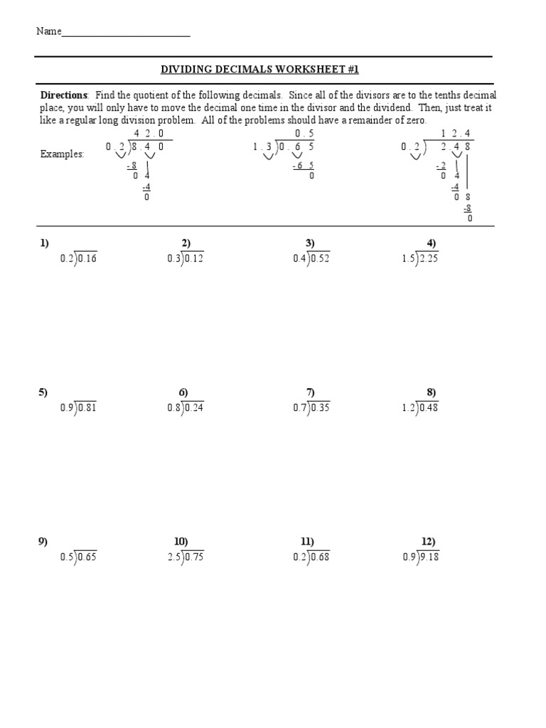 Dividing Decimals Tenths Into Hundredths 1 | PDF