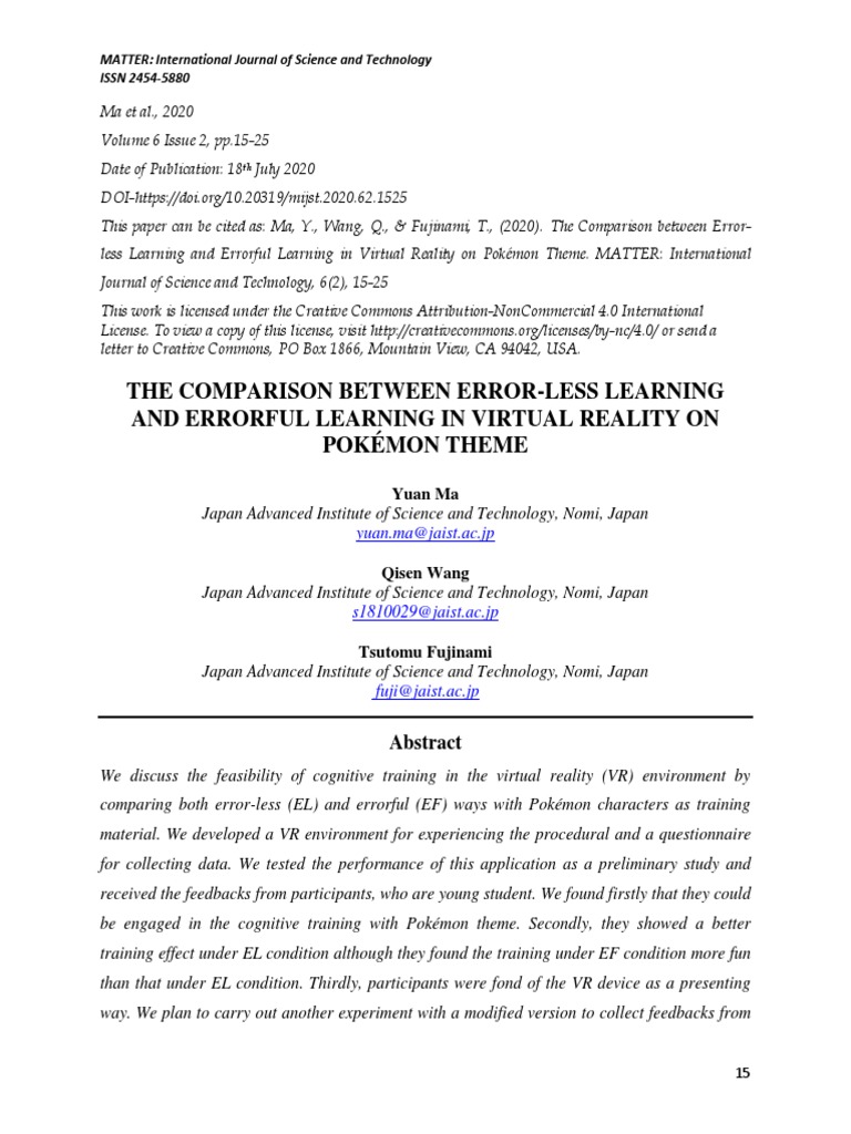 The Comparison Between Error-Less Learning and Errorful Learning in Virtual Reality On Pokémon ...
